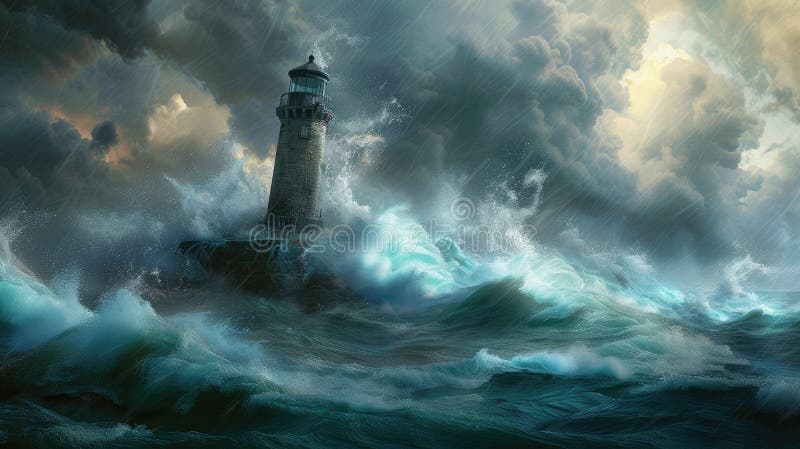 An Offshore Lighthouse Standing Tall Amidst Crashing Waves, Its Sturdy ...