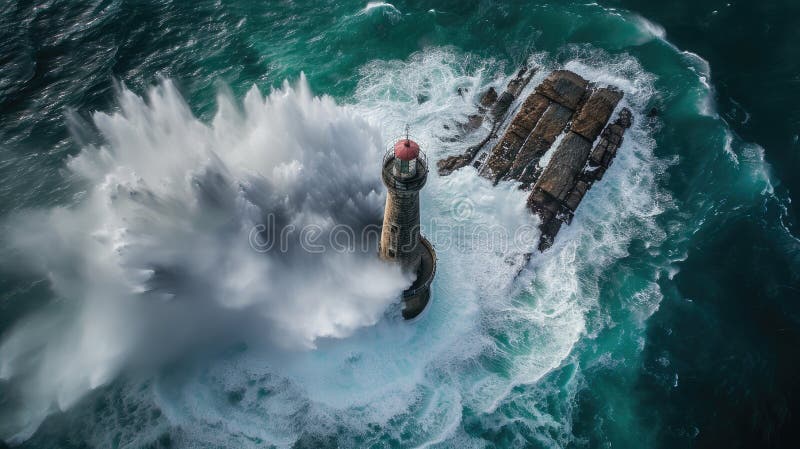 An Offshore Lighthouse Standing Tall Amidst Crashing Waves, Its Sturdy ...