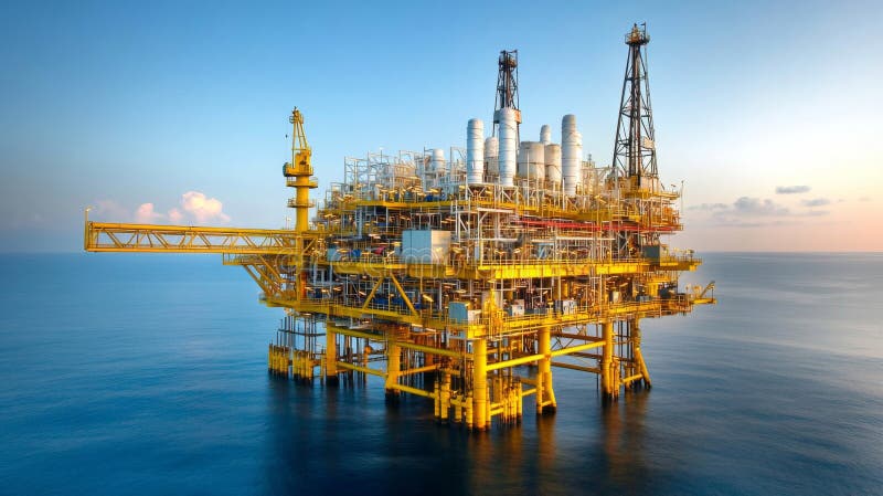 Offshore Oil Platform in Calm Ocean Waters at Sunset Stock Illustration ...