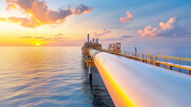 Offshore Oil Platform with Pipeline at Sunset Over Ocean Stock ...