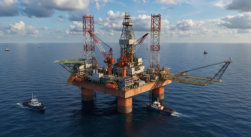 Offshore Oil Platform with Support Vessels Stock Illustration ...