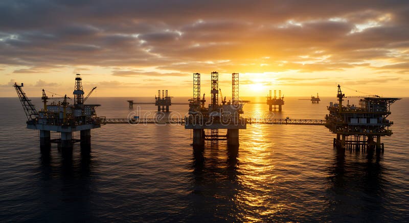 Offshore Oil Platforms Silhouetted Against a Dramatic Sunset Over the ...