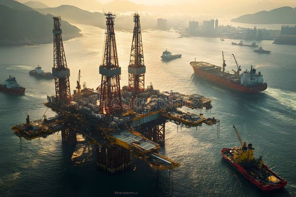 Offshore Oil Rig with Cargo Ships at Sunset Stock Image - Image of ...