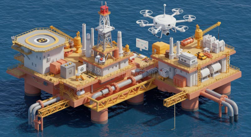 Offshore Oil Rig with Drone Inspection 3D Model Stock Illustration ...