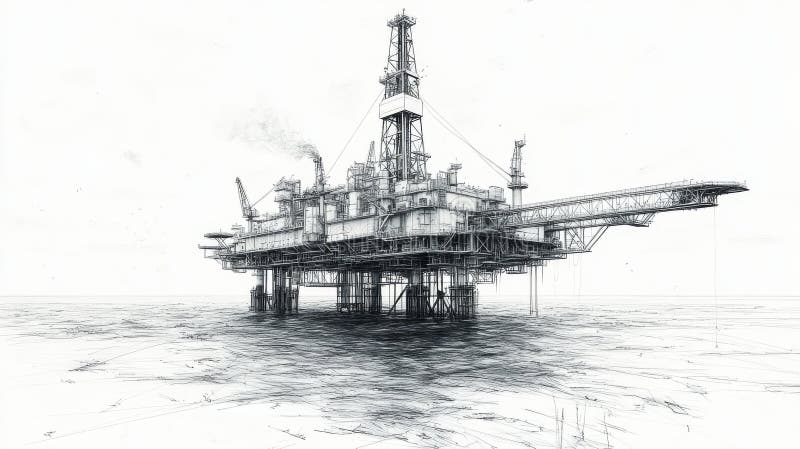 Offshore Oil Rig Exploration Drawing Over the Sea Stock Illustration ...