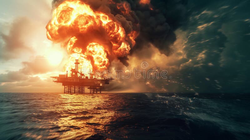 Offshore Oil Rig Explosion at Sunset with Towering Flames and Thick ...