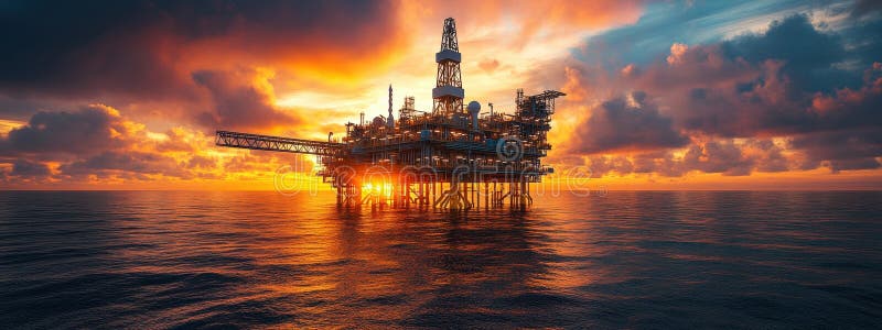 Offshore Oil Rig Extracting Crude Oil during Amazing Sunset Stock ...
