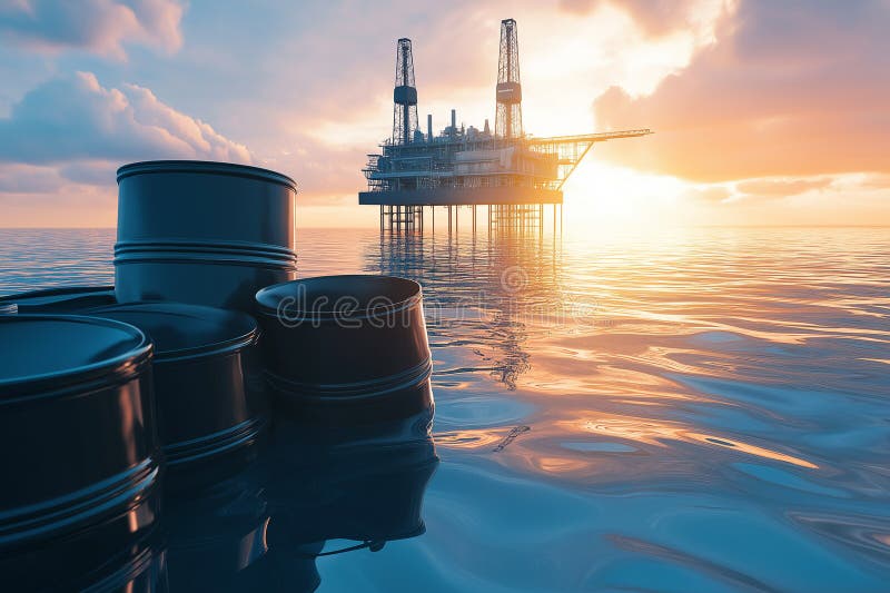 Offshore Oil Rig Extracting Petroleum with Barrels in the Foreground ...