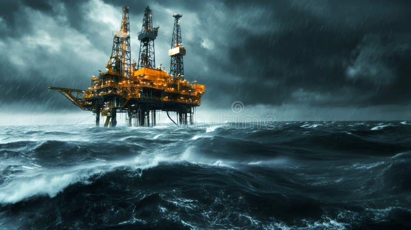 Offshore Oil Rig Extracting Petroleum during a Dramatic Storm and Heavy ...