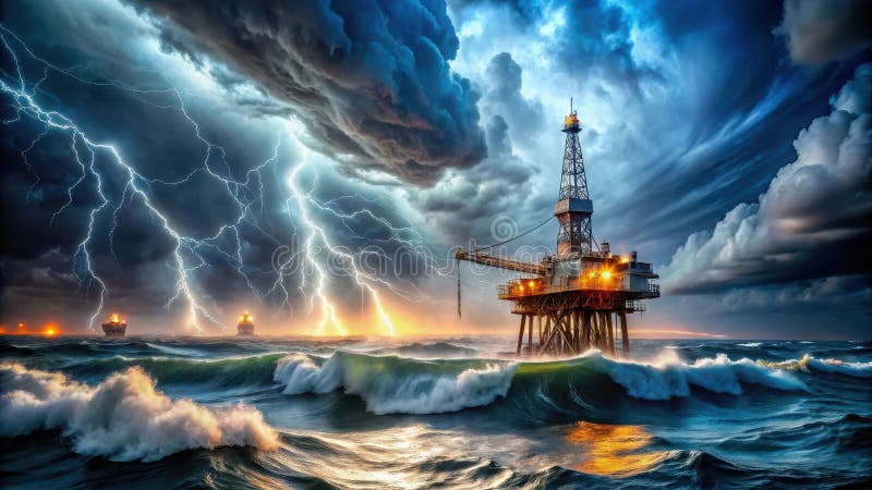 Offshore Oil Rig Facing a Powerful Storm at Sea. Generative AI Stock ...