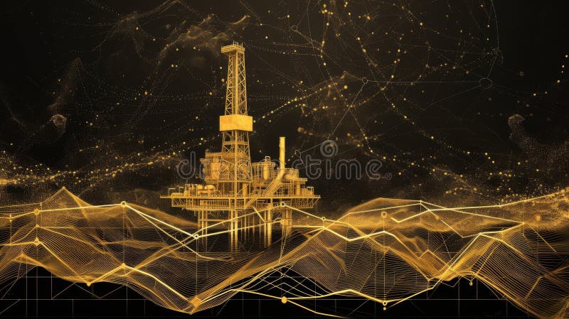 Offshore Oil Rig with Golden Data Visualization Overlay Stock Photo ...