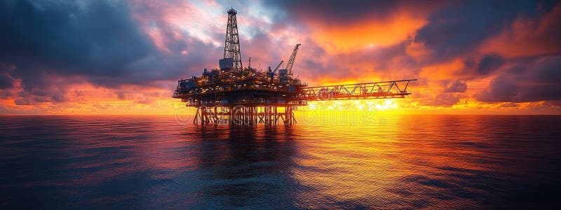 Offshore Oil Rig Illuminated by Vibrant Sunset Stock Illustration ...