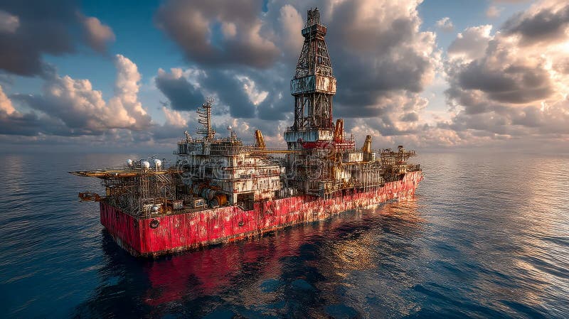 Offshore Oil Rig in the Middle of the Ocean at Sunset, Industrial ...