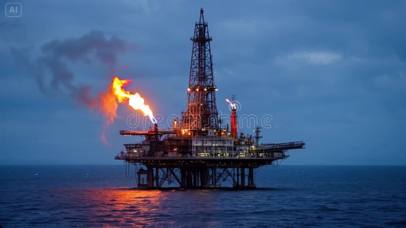 Offshore Oil Rig at Night: Illuminated Extraction Operations Stock ...