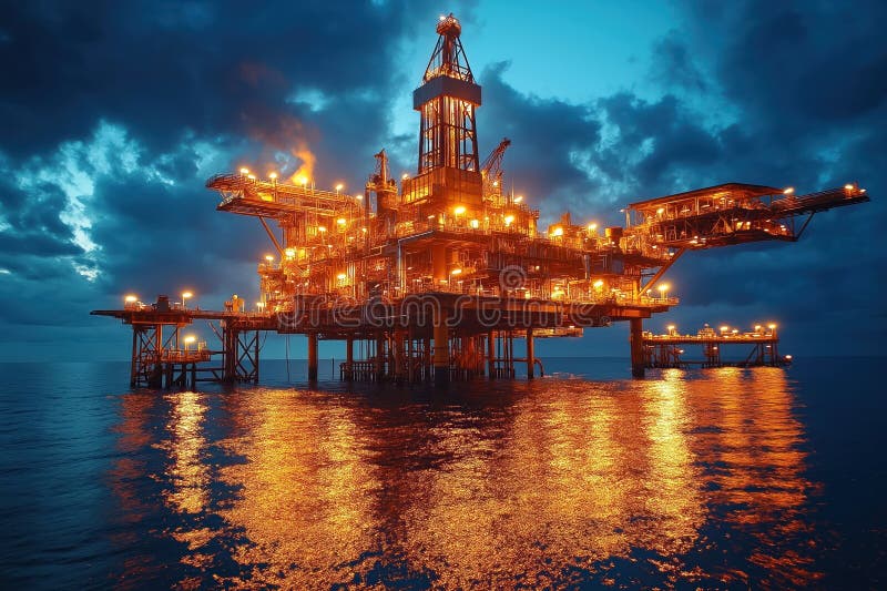 Offshore Oil Rig at Night. Large Energy Platform Illuminates Dark Water ...