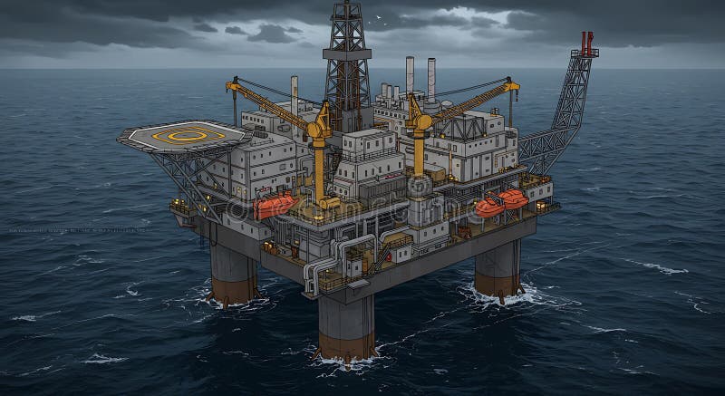 Offshore Oil Rig in the Ocean with a Helipad on One Side. it Features ...