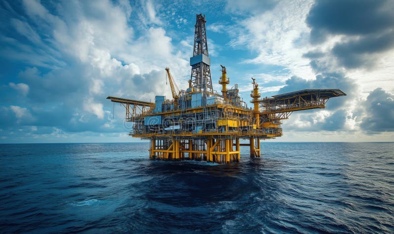 Offshore Oil Rig in Ocean Under Dramatic Sky with Clouds and Sunlight ...