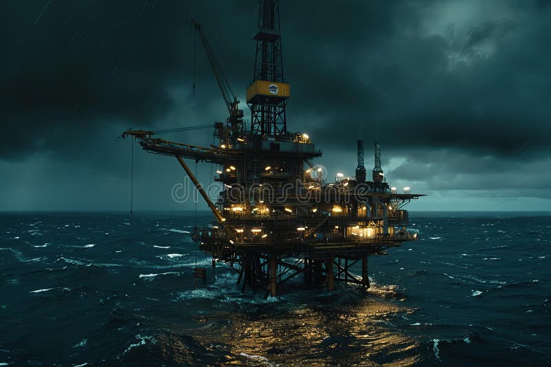 Offshore Oil Rig Platform in Stormy Sea at Night Stock Illustration ...