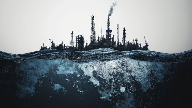 Offshore Oil Rig Silhouette Against Dramatic Ocean Background Stock ...