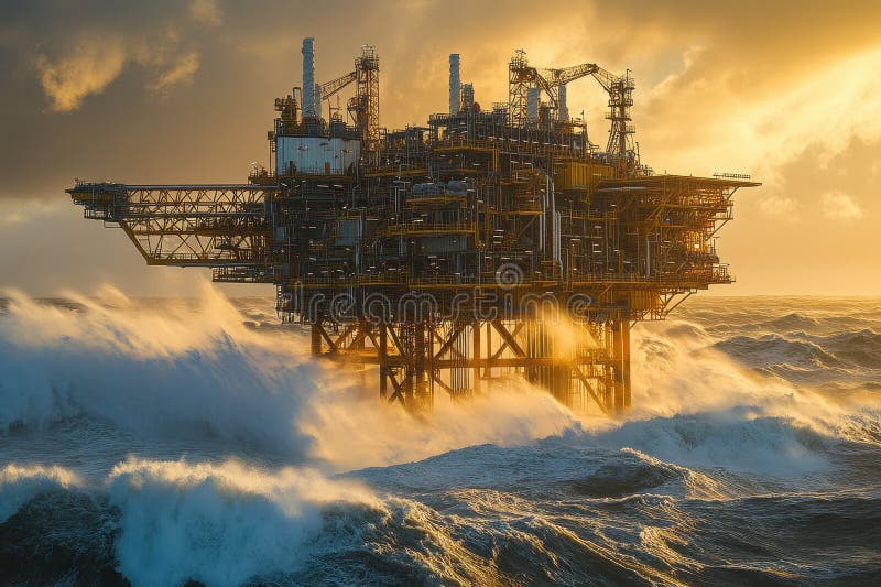An Offshore Oil Rig Stands Amidst Turbulent Waves during a Dramatic ...
