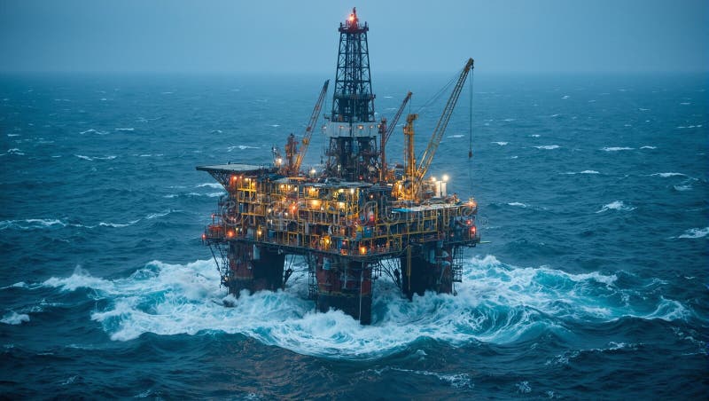 Offshore Oil Rig in Stormy Waves Illuminated by Floodlights Stock ...