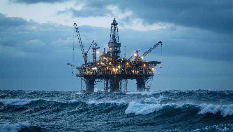 Offshore Oil Rig in Stormy Waves Illuminated by Floodlights Stock ...