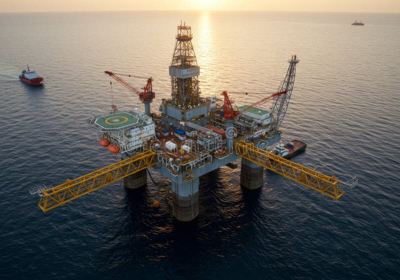 Offshore Oil Rig at Sunset, Aerial View Stock Illustration ...