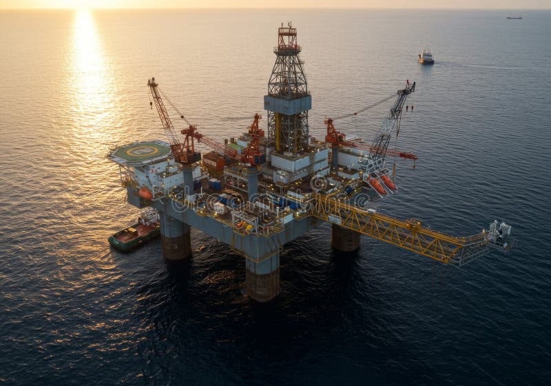 Offshore Oil Rig at Sunset Aerial View Stock Illustration ...