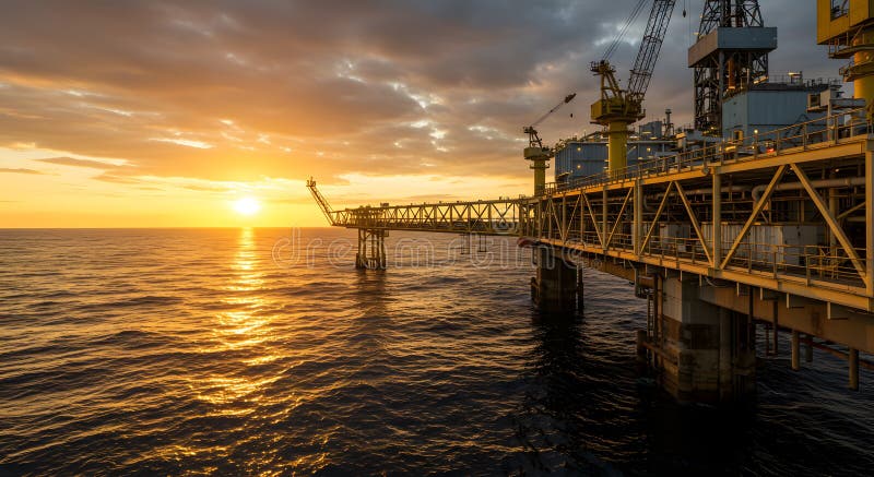 Offshore Oil Rig at Sunset Against a Dramatic Sky Over the Ocean Stock ...