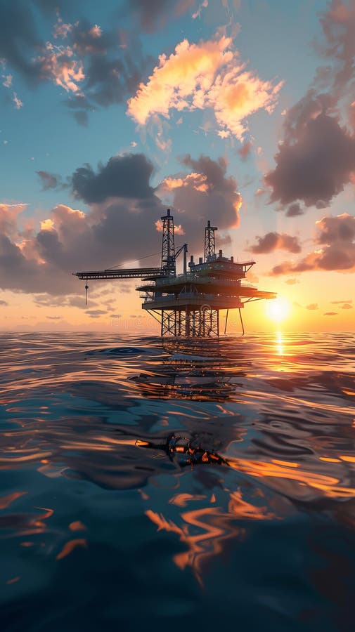 Offshore Oil Rig at Sunset with Dramatic Clouds, Ocean View. Industrial ...