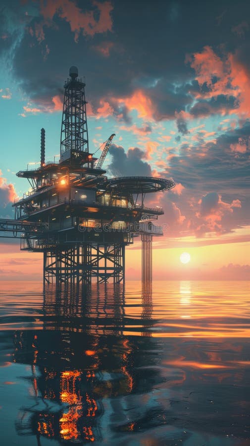 Offshore Oil Rig at Sunset, Dramatic Sky. Industrial Energy Concept ...
