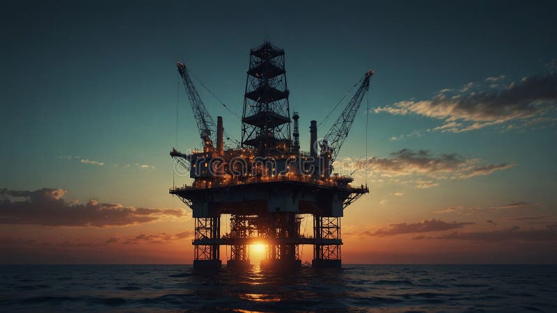 Offshore Oil Rig at Sunset with Dramatic Sky and Ocean Reflection in ...