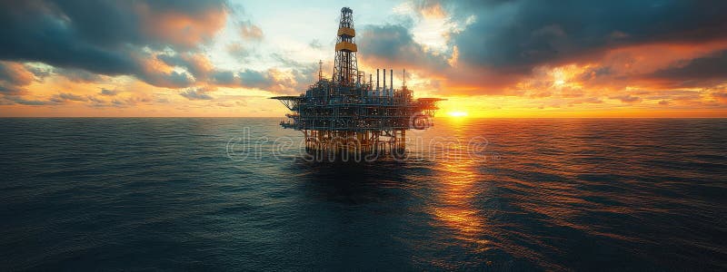Offshore Oil Rig at Sunset with Dramatic Sky Stock Illustration ...