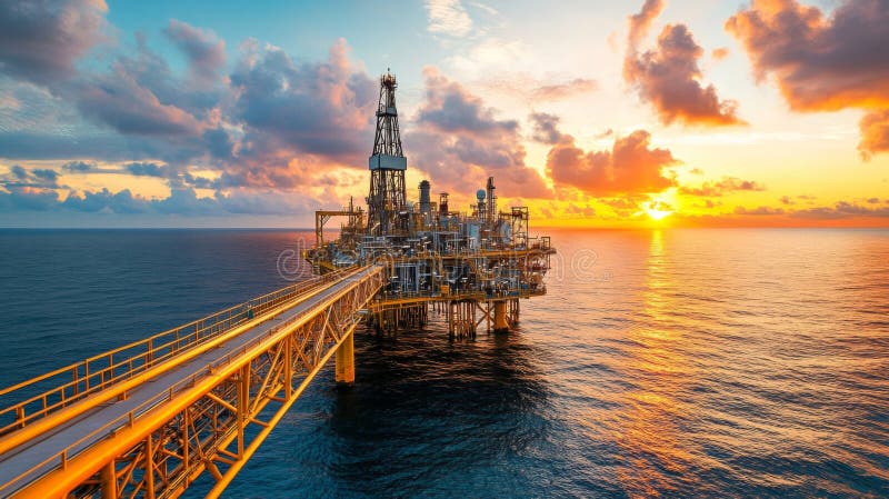 Offshore Oil Rig at Sunset Over Ocean Waters Stock Illustration ...