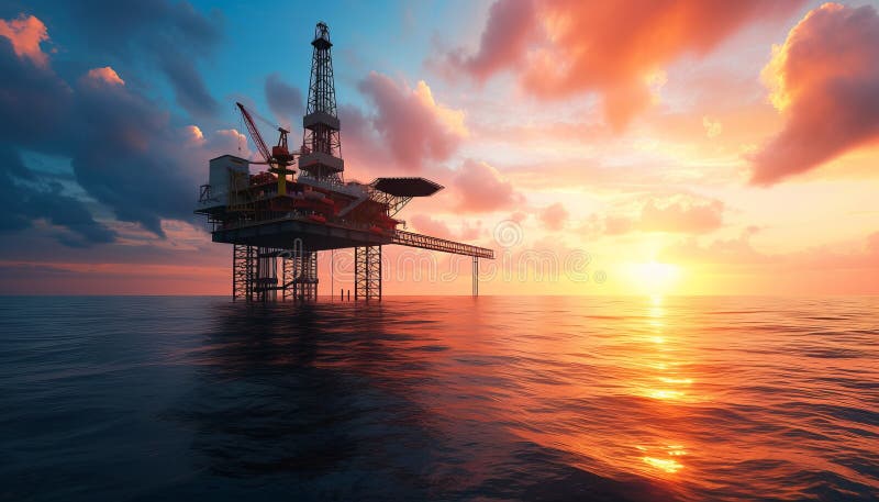 Offshore Oil Rig at Sunset Time. Oil Construction Concept Stock ...