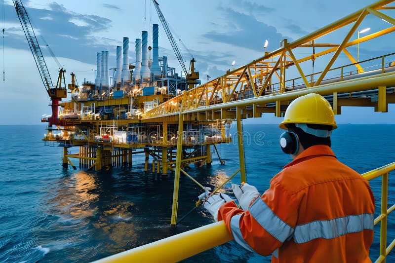 Offshore Oil Rig Worker Checking Parameter of Coriolis Digital Flow ...