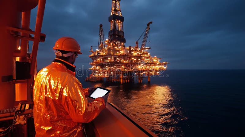 Offshore Oil Rig Worker Using Digital Tablet at Night Stock Image ...