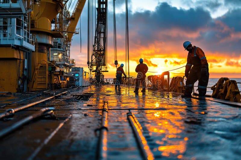 Offshore Oil Rig Workers at Sunset with Reflective Deck and Industrial ...