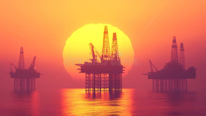 Offshore Oil Rigs Extracting Petroleum at Sunset with Big Sun Stock ...