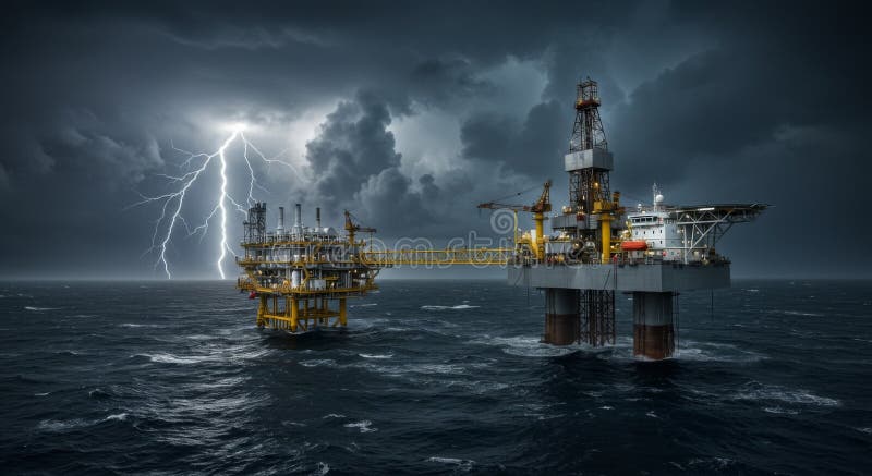 Offshore Oil Rigs during a Violent Storm at Sea Stock Illustration ...