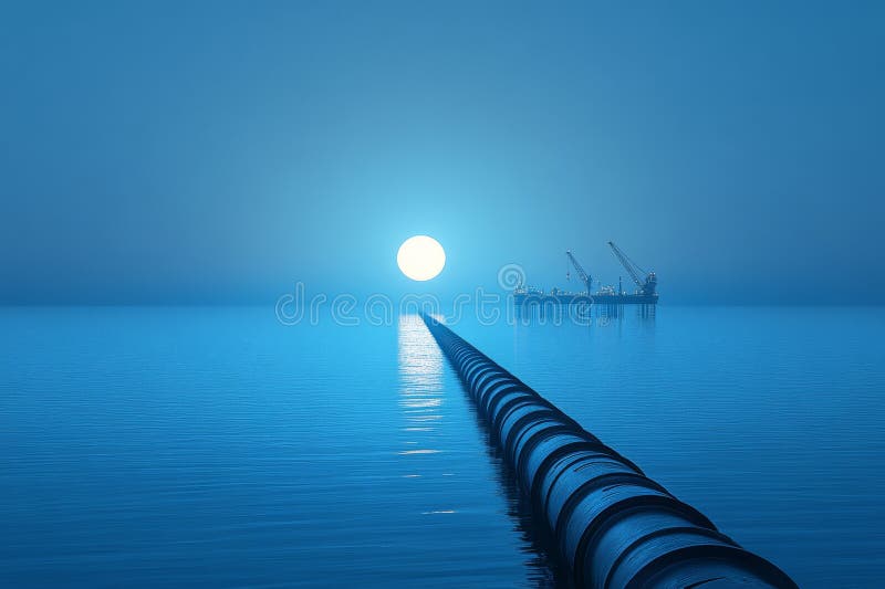 Offshore Pipeline Leading To Oil Platform Under Full Moon at Dusk Stock ...