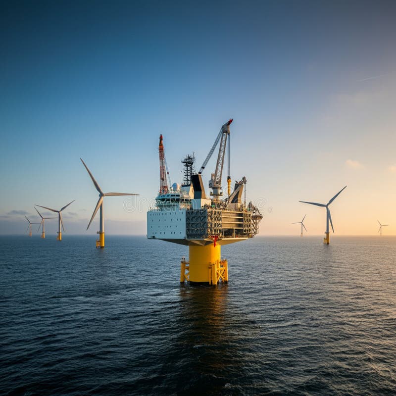 Offshore Platform Surrounded by Several Wind Turbines in a Calm Sea ...