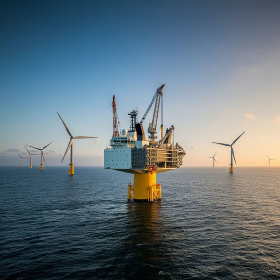 Offshore Platform Surrounded by Several Wind Turbines in a Calm Sea ...