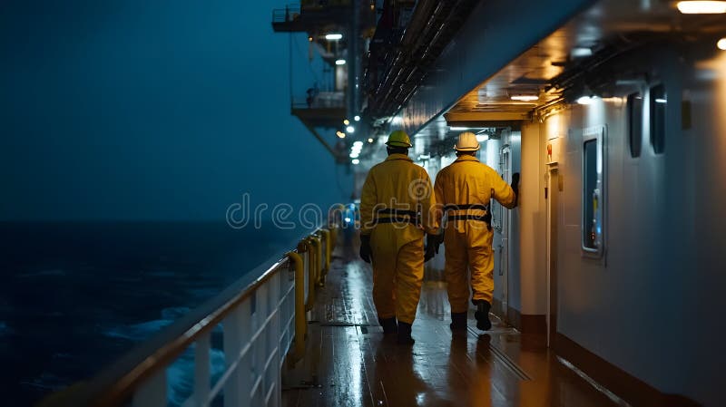 Offshore Platform Workers on Deck at Night, Industrial Safety ...