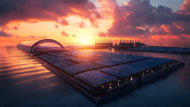 Offshore Solar Farm at Sunset Vast Ocean Platform with Industrial ...