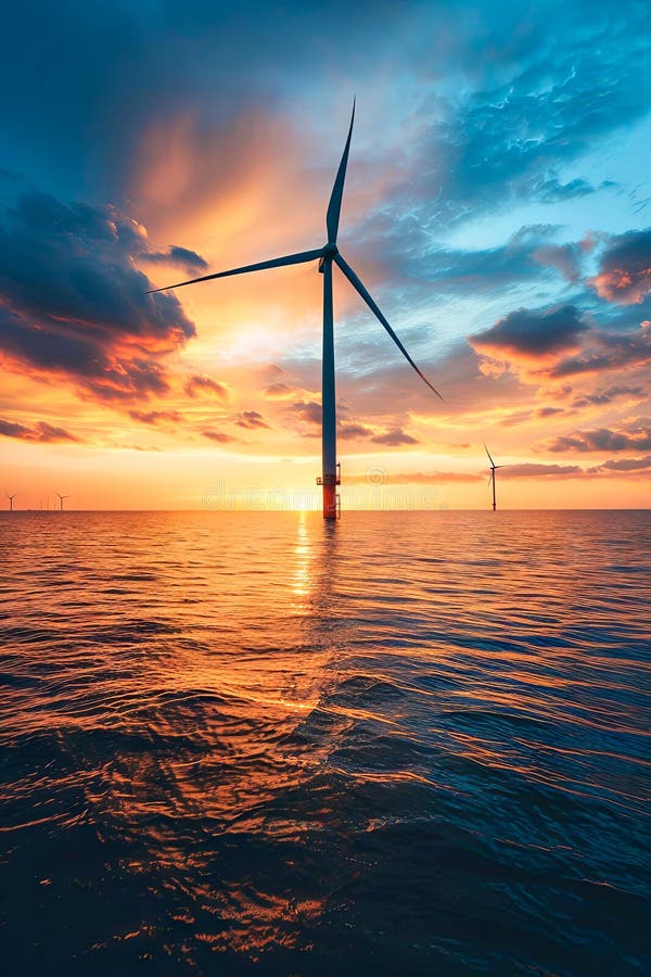 Offshore Wind Farm at Beautiful Dramatic Sunset. Stock Image - Image of ...