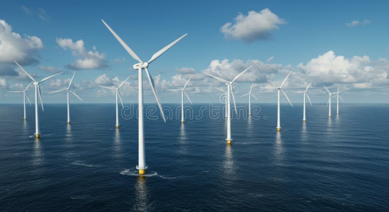 Offshore Wind Farm Energy Production in a Blue Ocean Stock Illustration ...