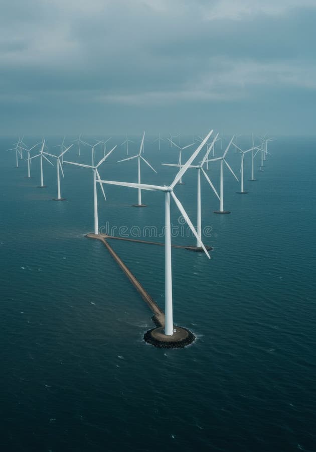 Offshore Wind Farm Energy Production in Cloudy Ocean Stock Illustration ...