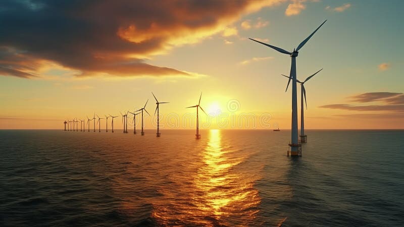 Offshore Wind Power Farm with Many Wind Turbines in the Open Sea with ...