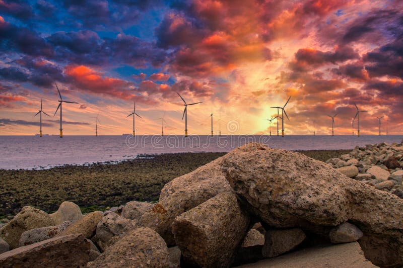Offshore Wind Turbine in a Wind Farm Under Construction Off the England ...